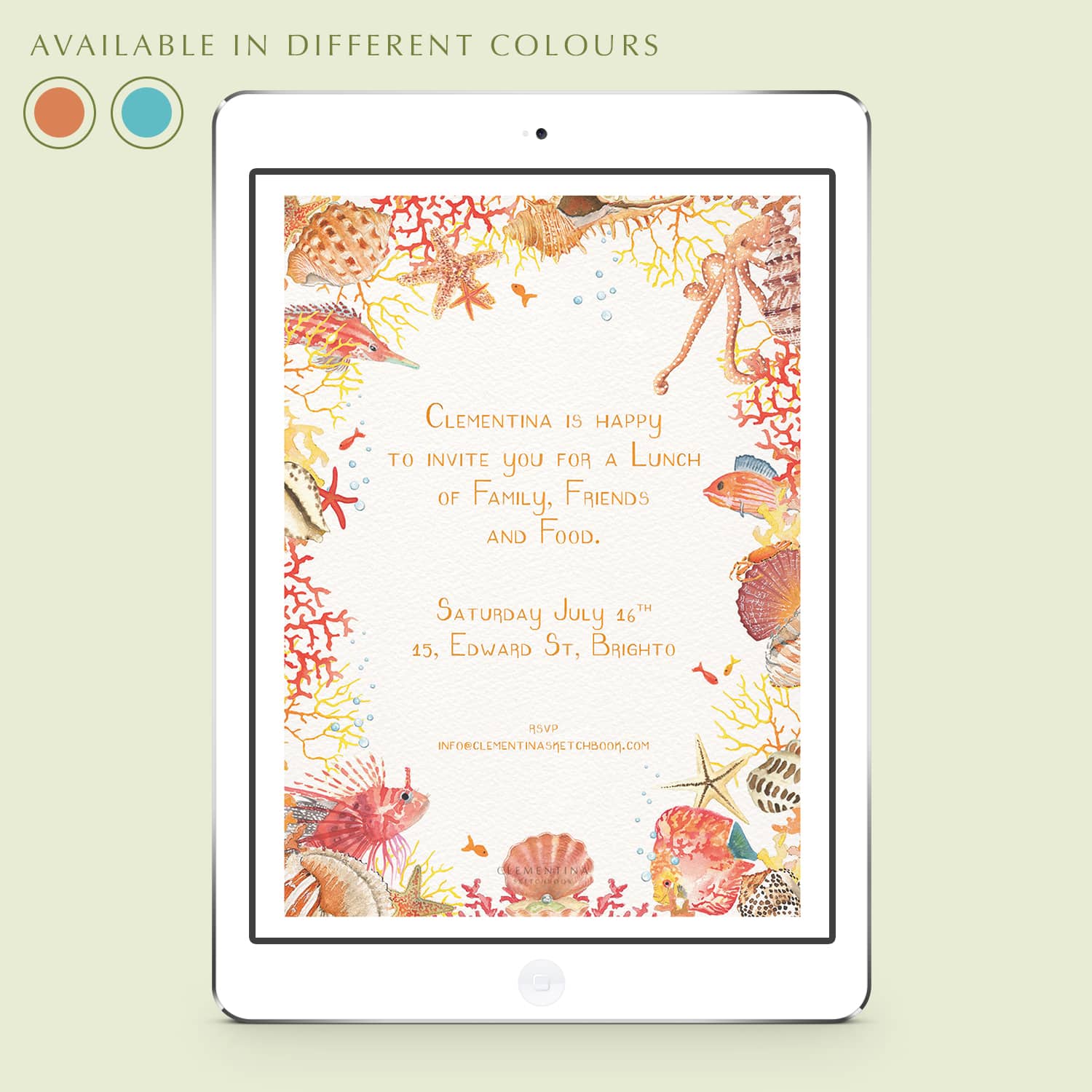 Coral Reef digital Invitation – Clementina Sketchbook